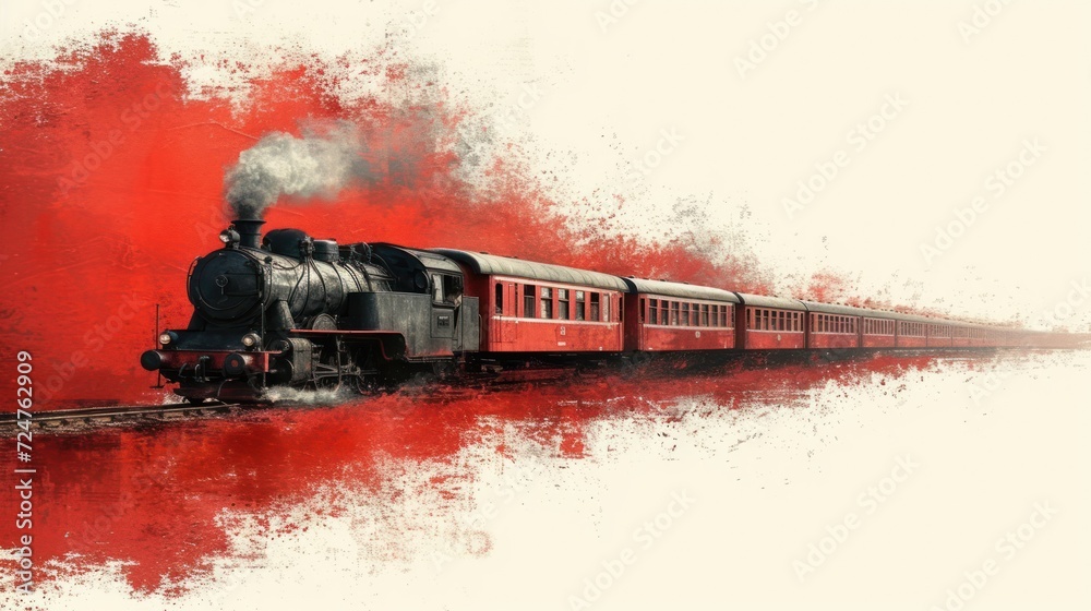 a painting of a train on a train track with red smoke coming out of the ...