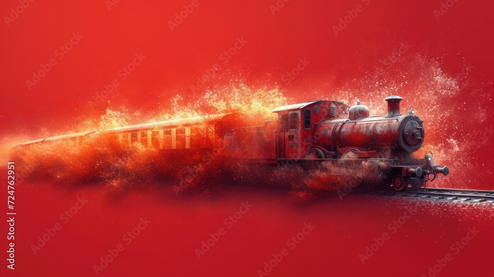 a painting of a train on a train track with red and orange smoke coming ...