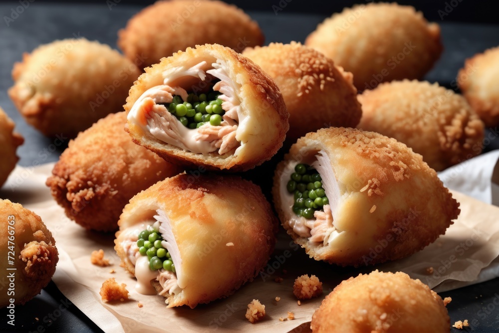 Deep-fried croquettes filled with shredded chicken, shaped like a ...