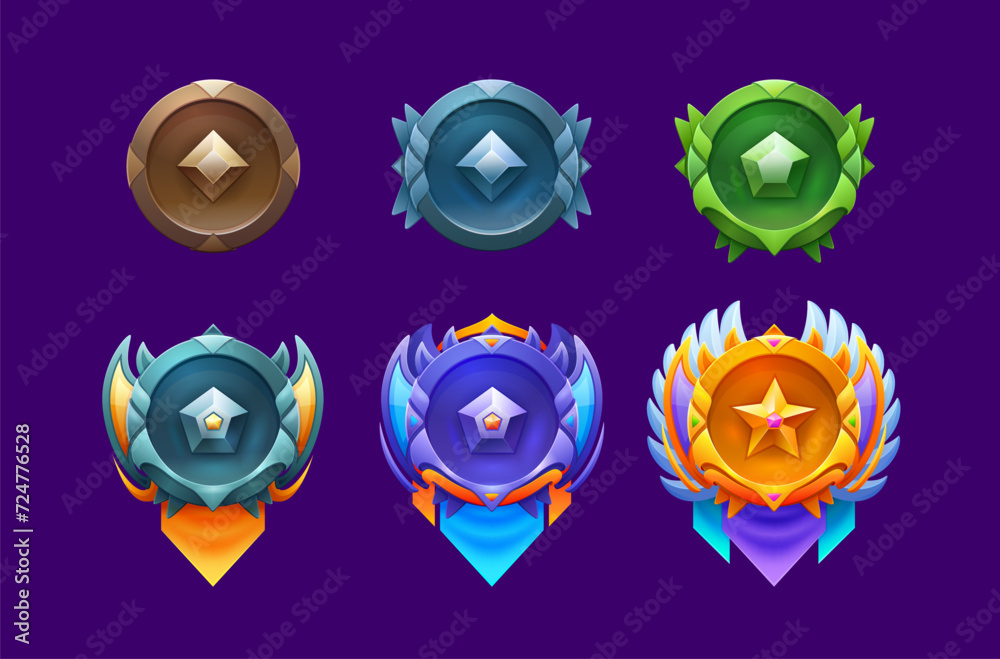 Game level rank badges or rate trophy. Cartoon vector set of gold ...