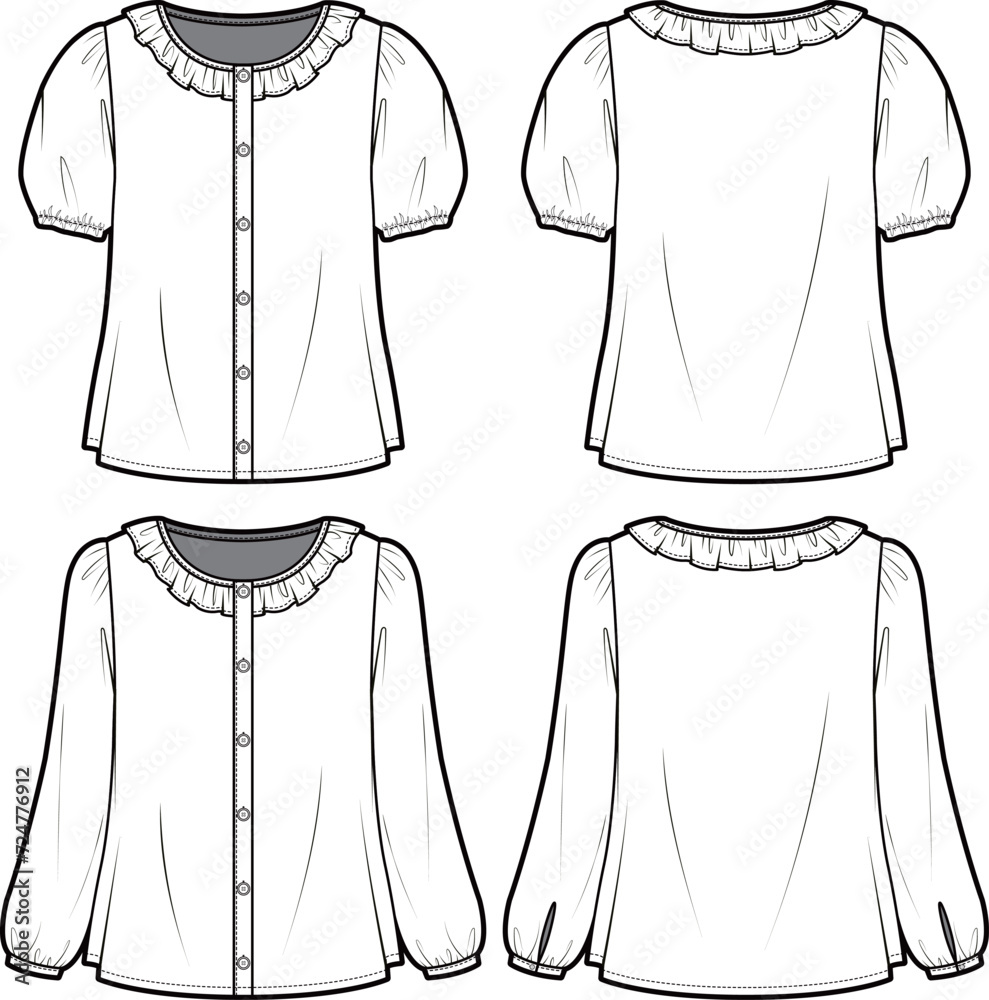 Technical flat sketch of Women's ruffle blouse. Button down top with ...