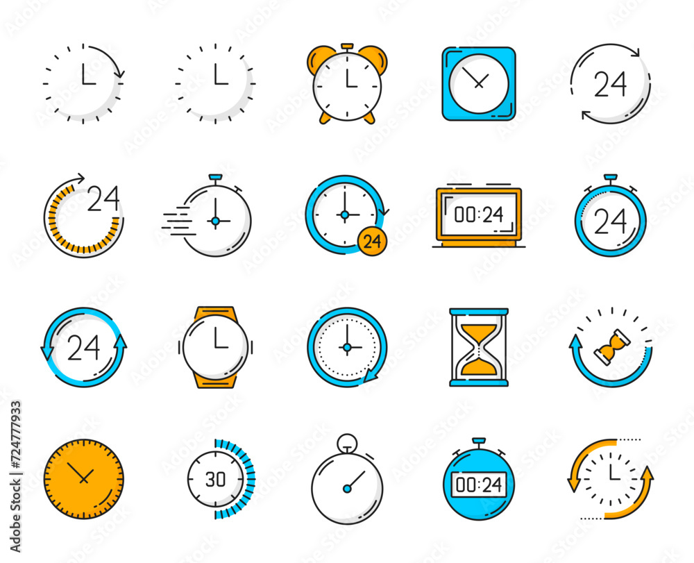 Vecteur Stock Timer clock color outline icons. Alarm, stopwatch ...