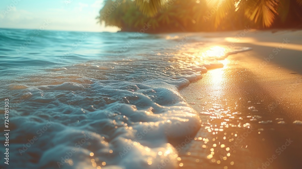 the sun shines on the beach as the water washes on the sand and palm ...