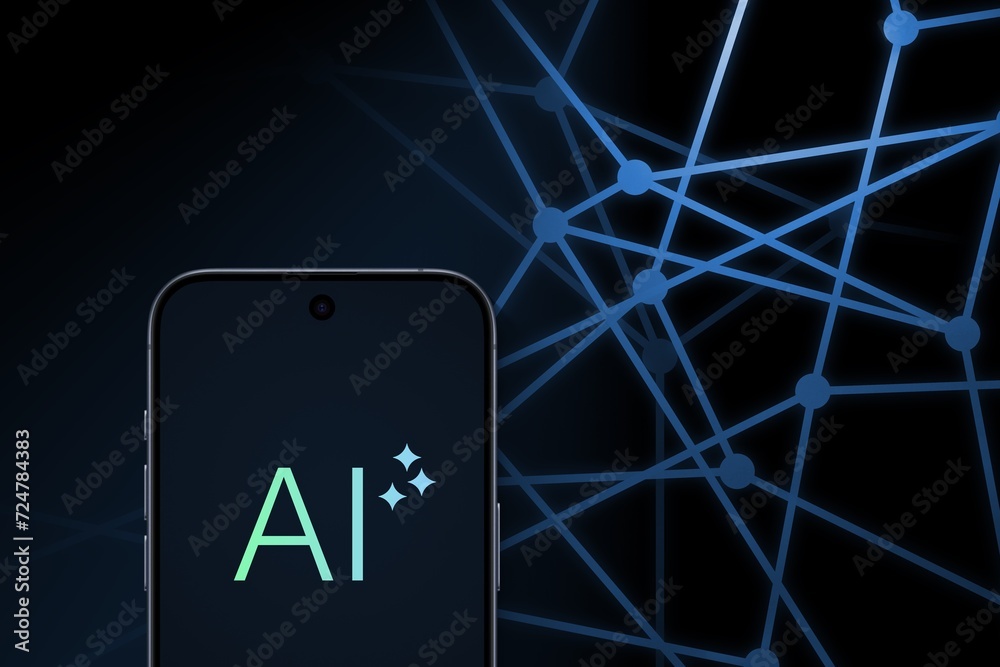 fictional AI Logo shown on a modern smartphone in front of connected ...