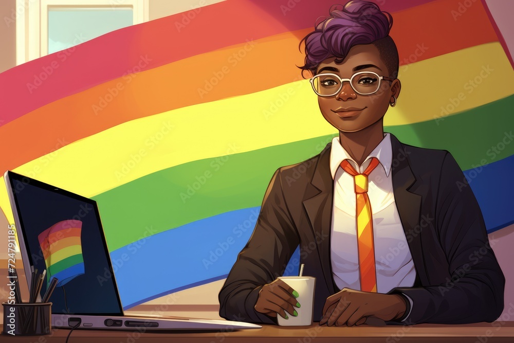 non binary individual with purple hair and a pride tie sit confidently ...