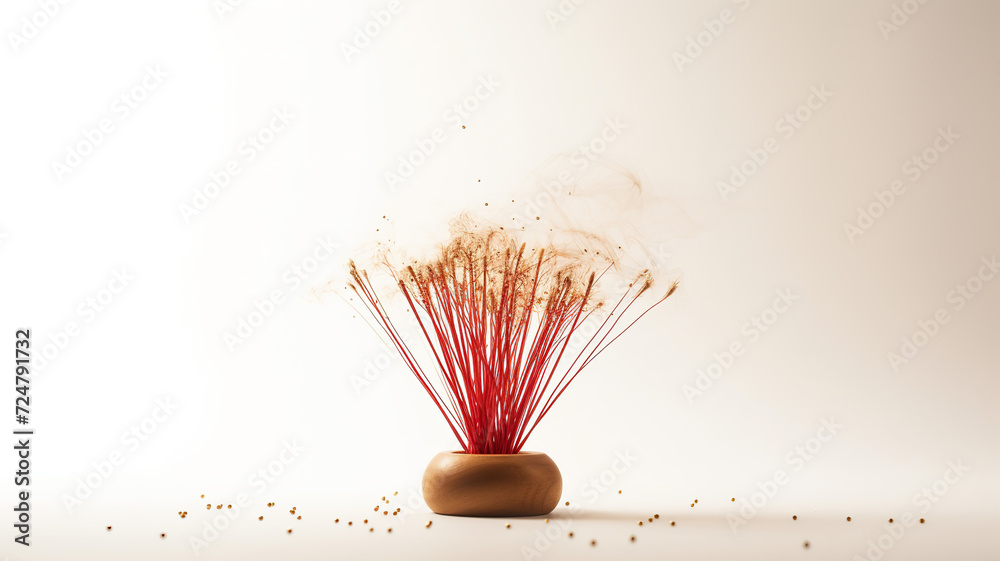 Pure white background with an isolated image of burning incense sticks ...