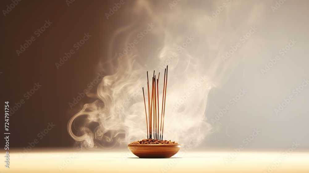 Pure white background with an isolated image of burning incense sticks ...