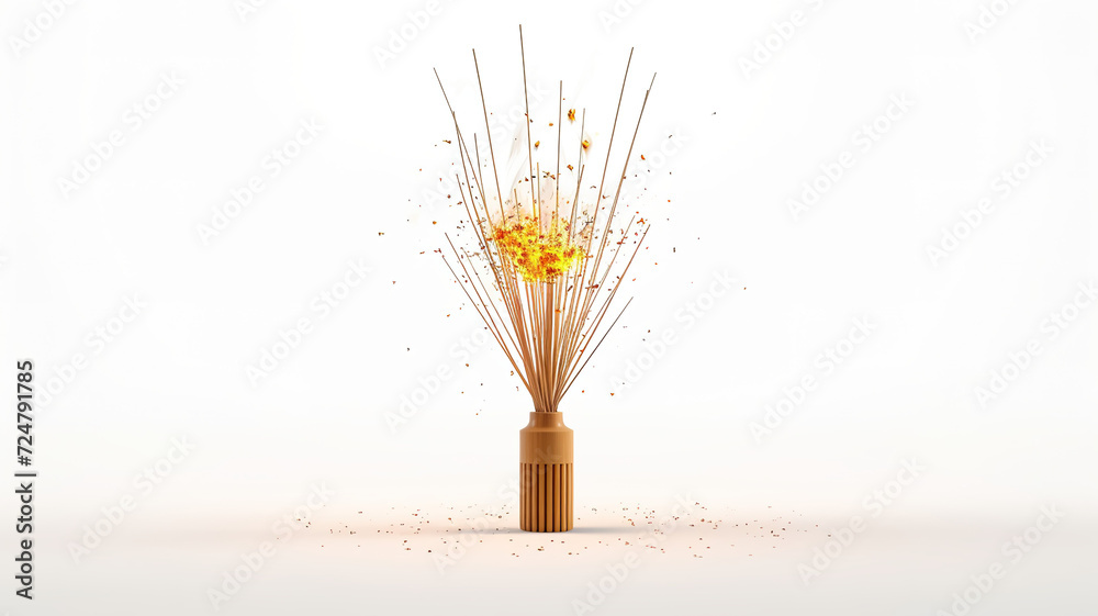 Pure white background with an isolated image of burning incense sticks ...