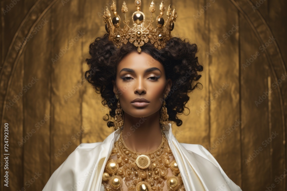 person exudes royal elegance, crowned with gold, her gaze commanding ...