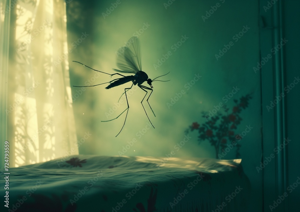 Ilustrace „Flying mosquito silhouette, black predator insect in an old ...