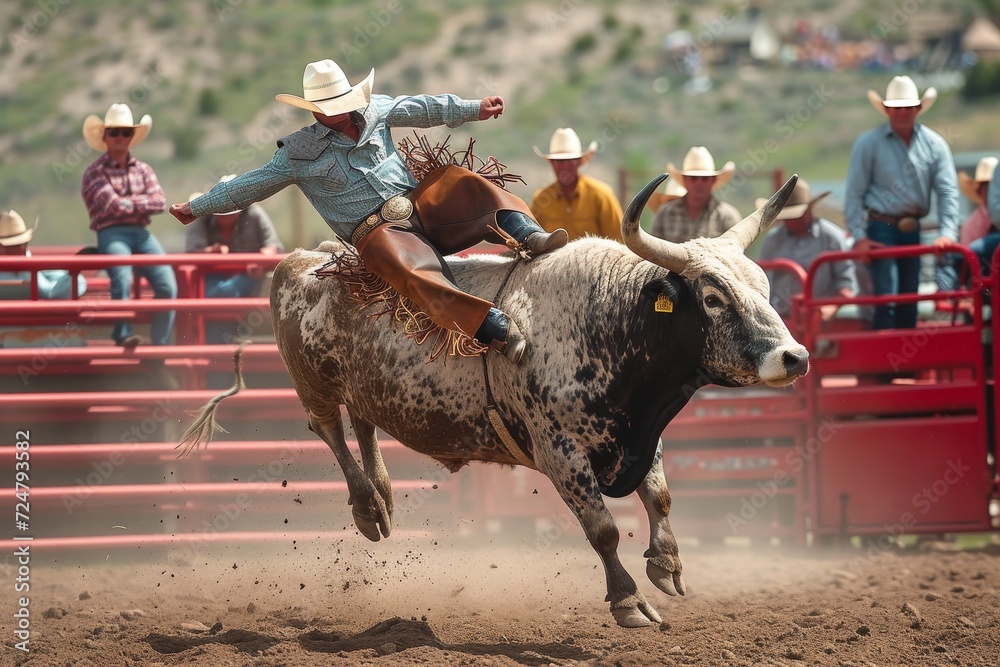 A rugged cowboy, dressed in traditional western attire, expertly reins ...