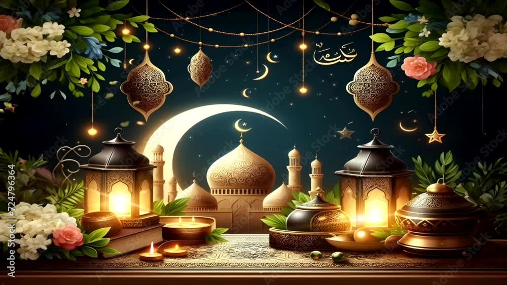 Animasi background islami dengan adegan tenang, hiasan keagamaan megah ...