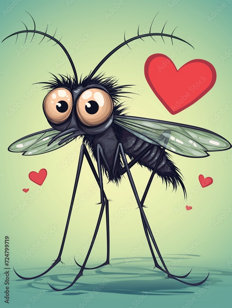 Funny sketch drawing of an insect character in love with red heart ...
