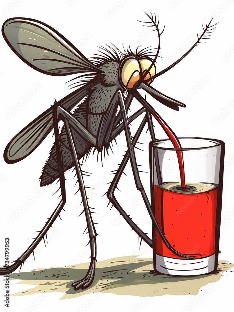 Comic cartoon drawing of a hungry mosquito drinking a glass of blood, humor insect art ...