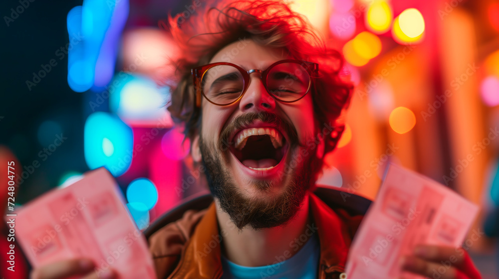 Lucky lottery winner holding a lottery ticket and cheering in joy ...