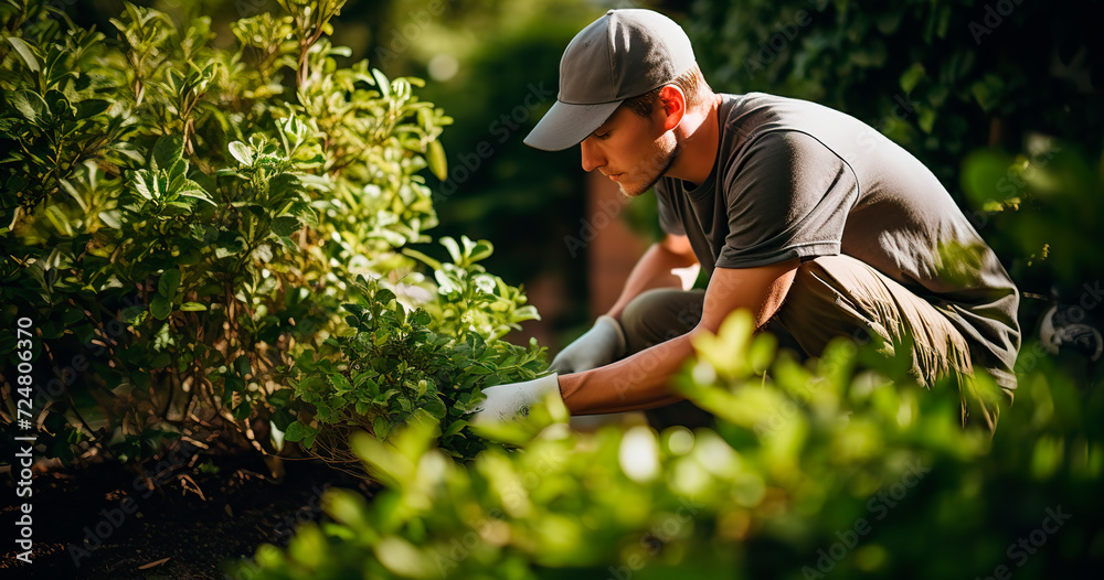 experienced gardener in t-shirt and cap diligently performing various ...