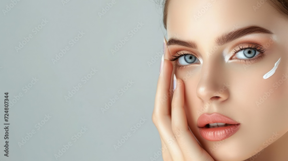 Beauty Woman Face With Perfect Smooth Skin Young Model Applying Eye