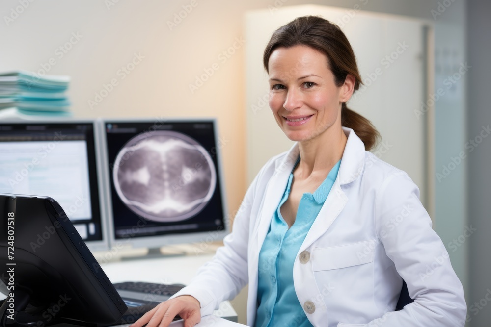 Portrait of a female perinatologist in her workspace, surrounded by ...