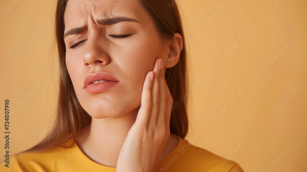 Cropped shot of a young woman suffering from jaw pain holding her chin ...