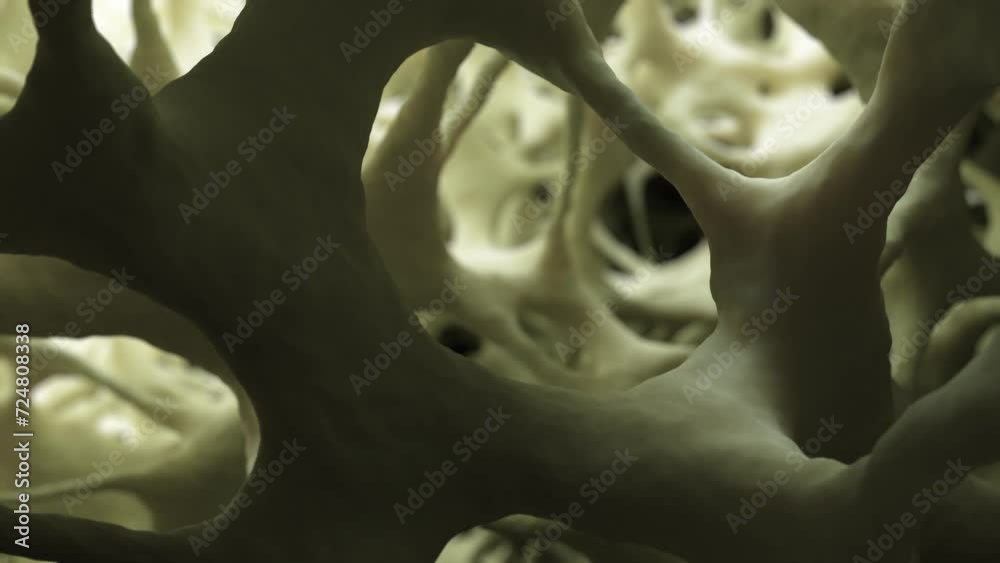 Electron microscope-style 3D animation of healthy spongy bone tissue ...