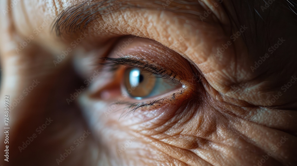 Wrinkled skin of a mature woman's forehead macro photography. Deep ...