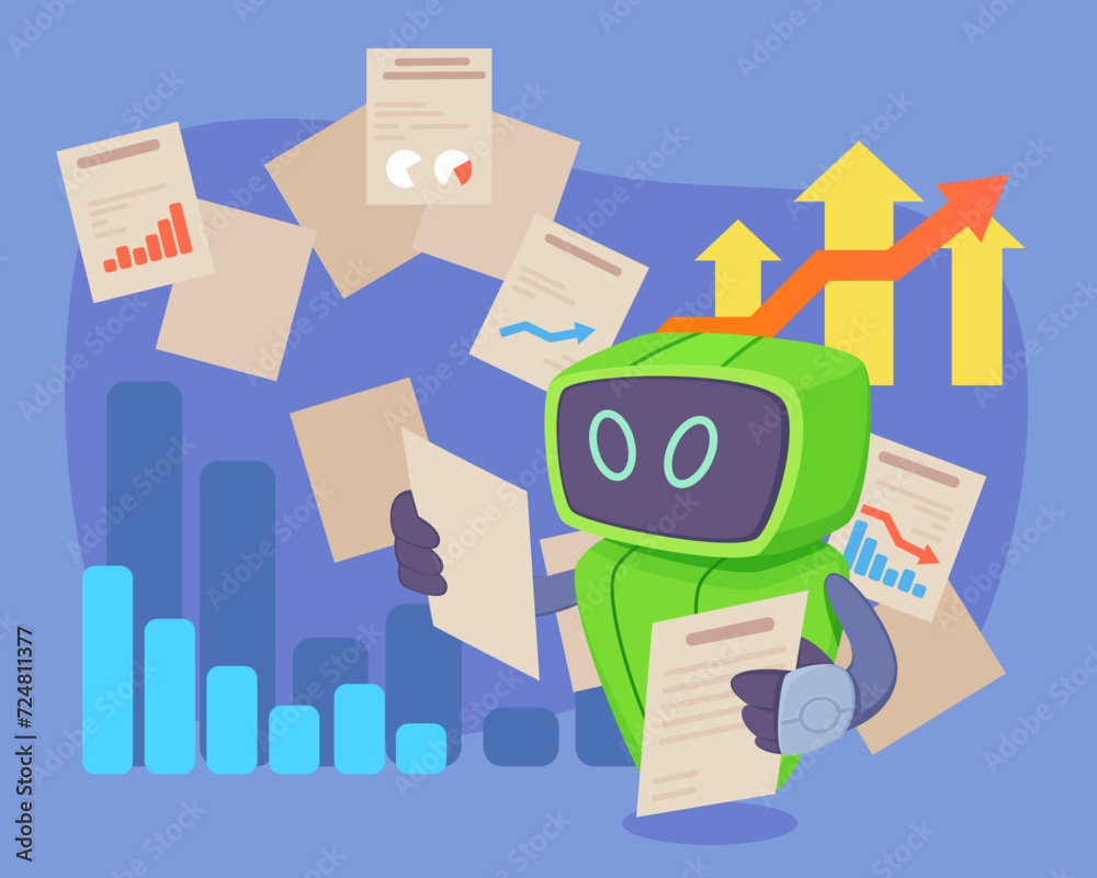 Robot sorting and analyzing documents vector illustration. Graphs and ...