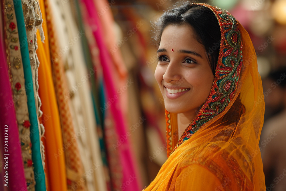 indian woman shopping in the indian clothes shop bokeh style background ...