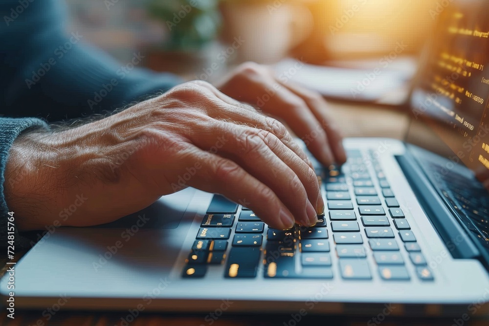 Foto Stock A focused person sits indoors, their hand gracefully moving ...
