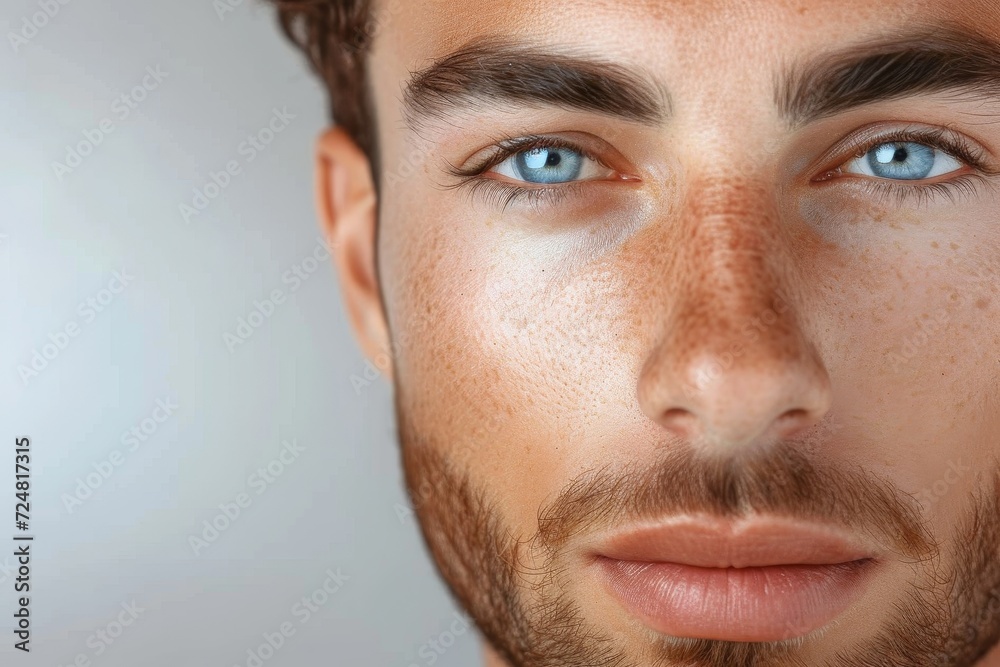 An intimate portrait of a man's rugged face, with piercing eyes and a ...