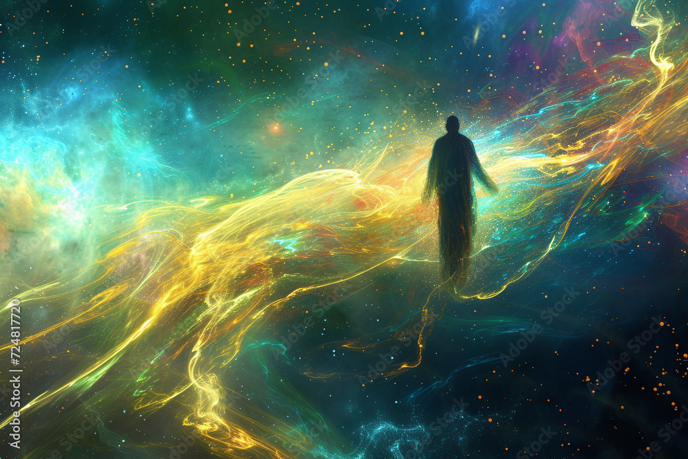 Surreal depiction of a lone figure standing before a cosmic whirlwind ...