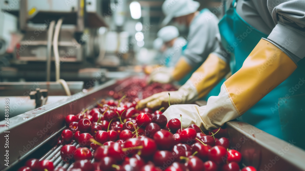 Workers Sorting Fresh Cherries on a Conveyor Belt in Food Processing ...