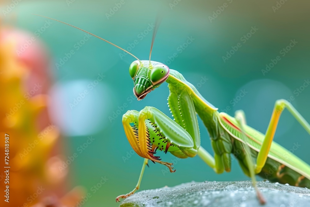 A fierce green predator camouflaged among the blades of grass, the ...