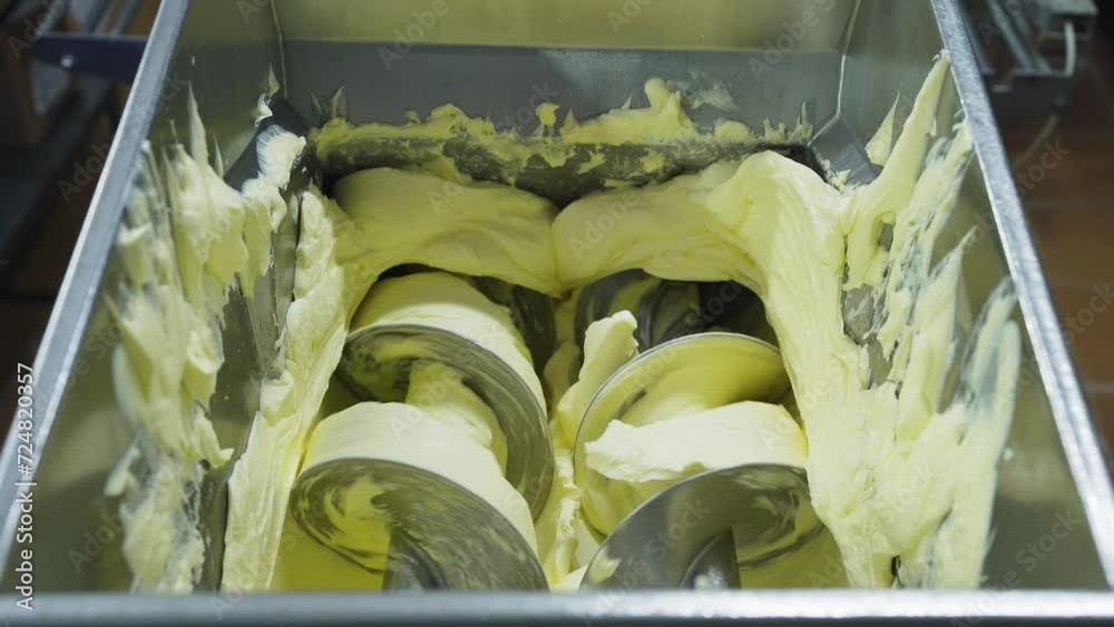 Milk processing, butter production at a dairy factory. Thick butter from a metal basin enters ...