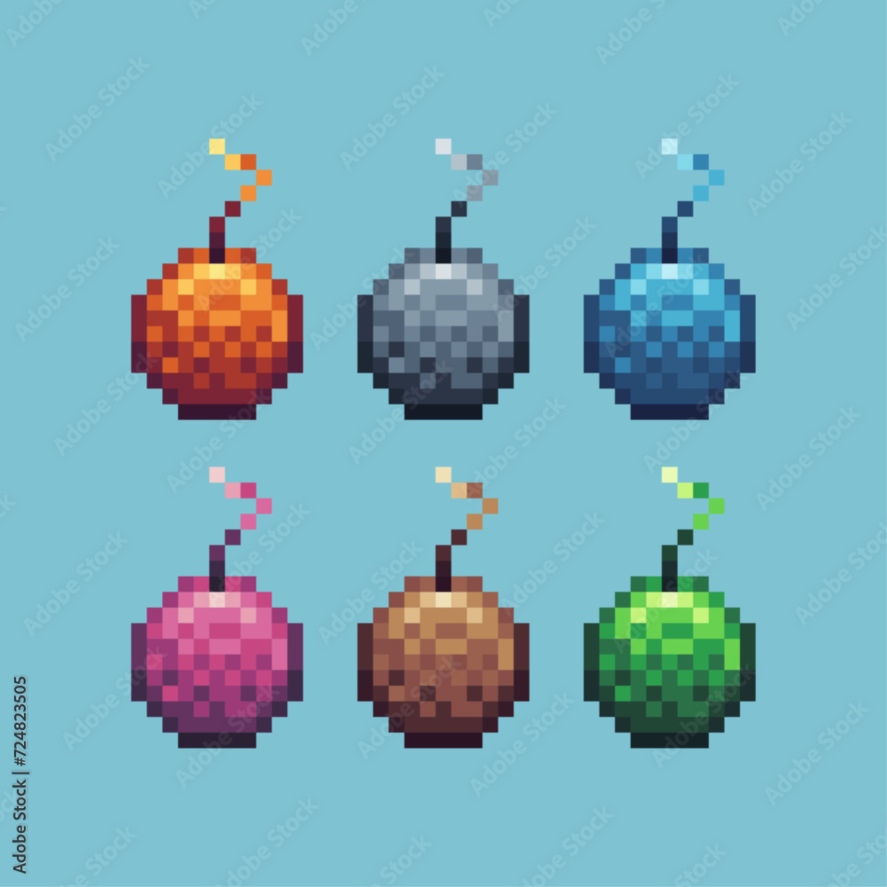 Pixel art sets icon of bomb variation color. Bomb game icon on ...