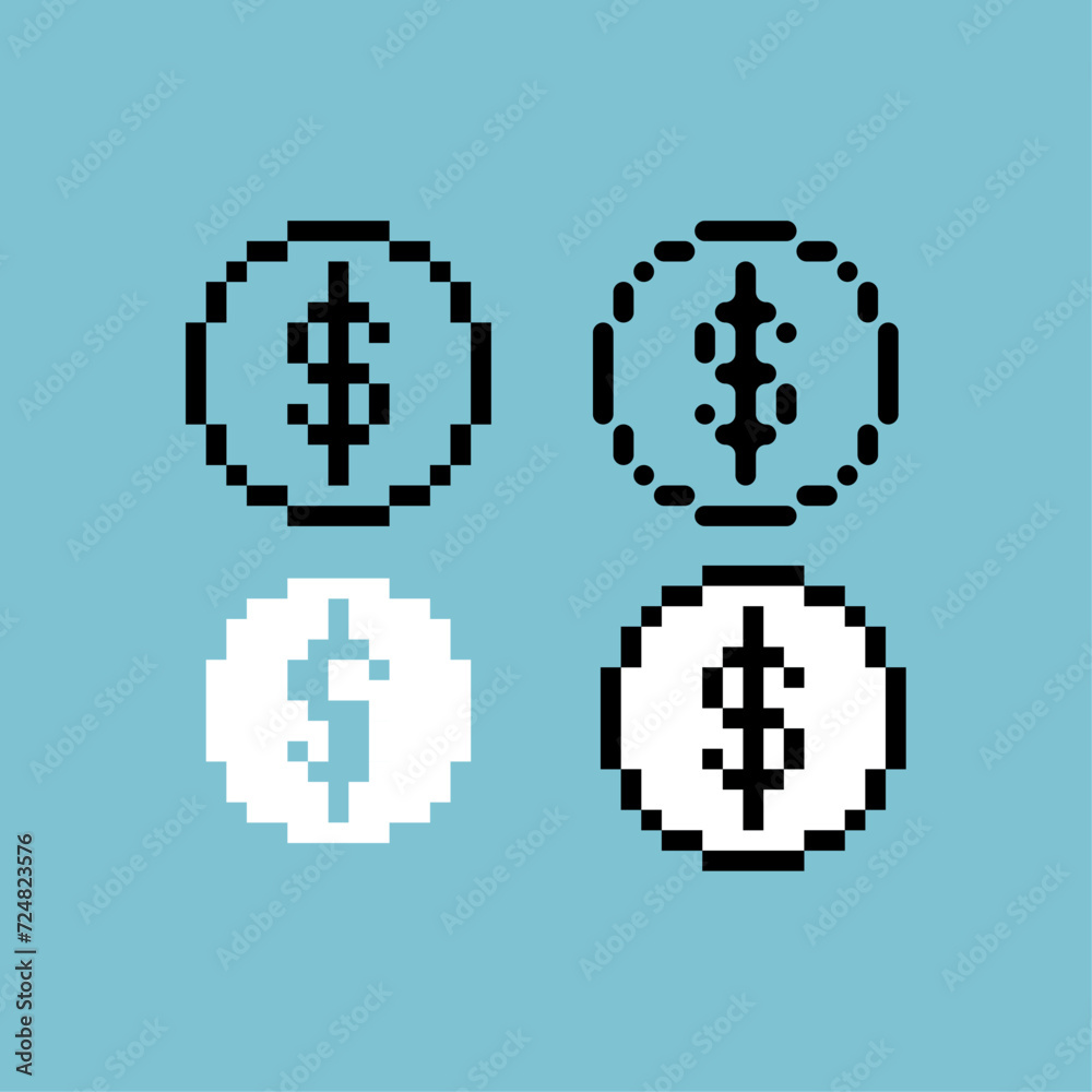 Pixel art outline sets icon of dollar coin variation color.Dollar coin ...