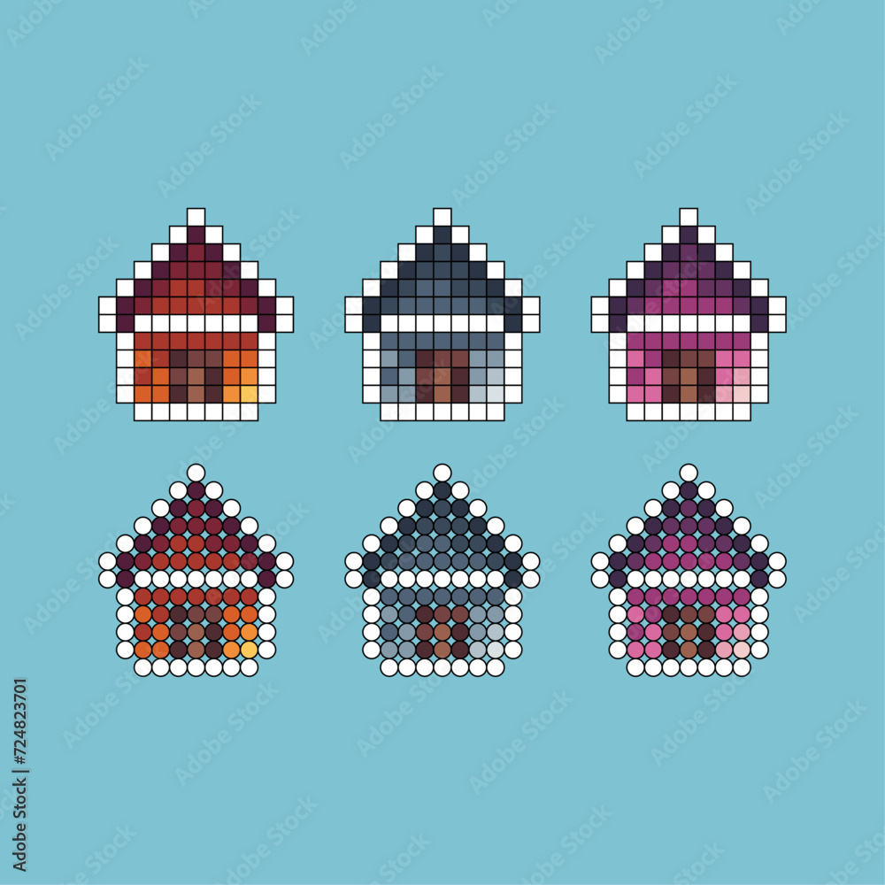 Pixel art stroke sets icon of house variation color.home icon on ...