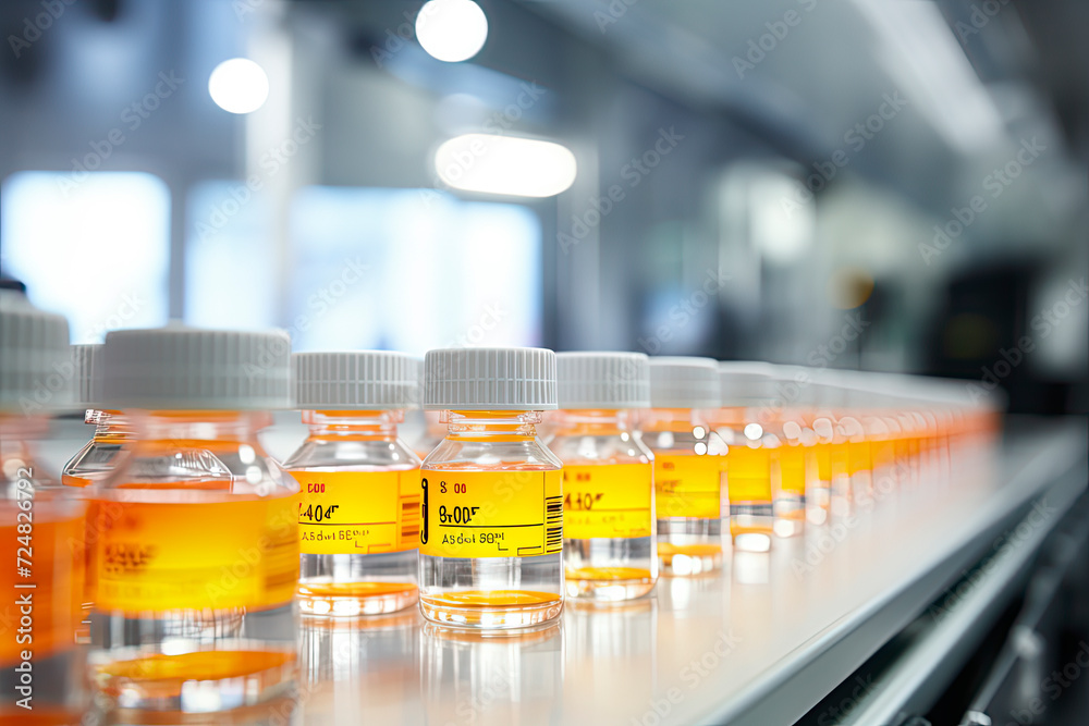 packaging of pharmaceutical medical vials on a conveyor belt with ...