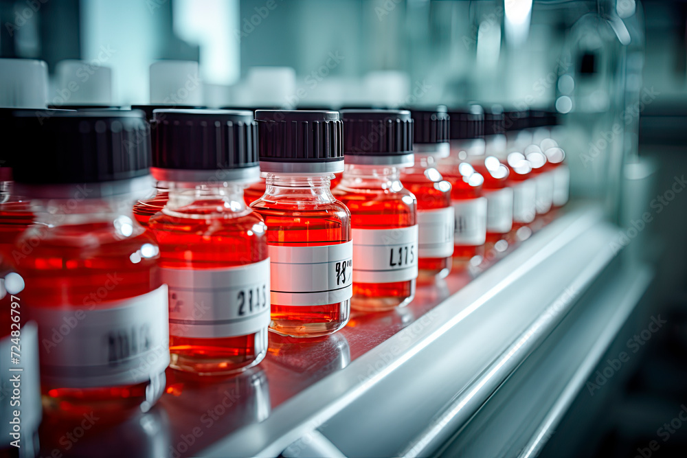 packaging of pharmaceutical medical vials on a conveyor belt with ...