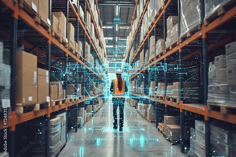 Futuristic Technology Retail Warehouse: Worker Doing Inventory Walks ...