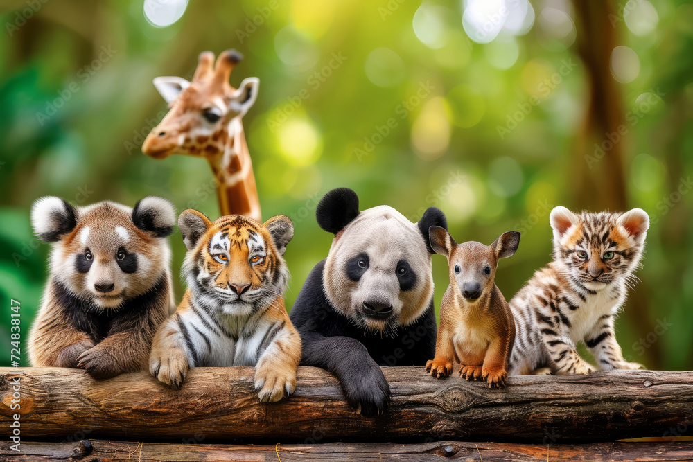 a line up of cute animals leaning on a wooden log with jungle ...
