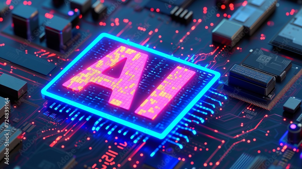Sophisticated chip, a hologram consisting of two letters "AI", depth of ...
