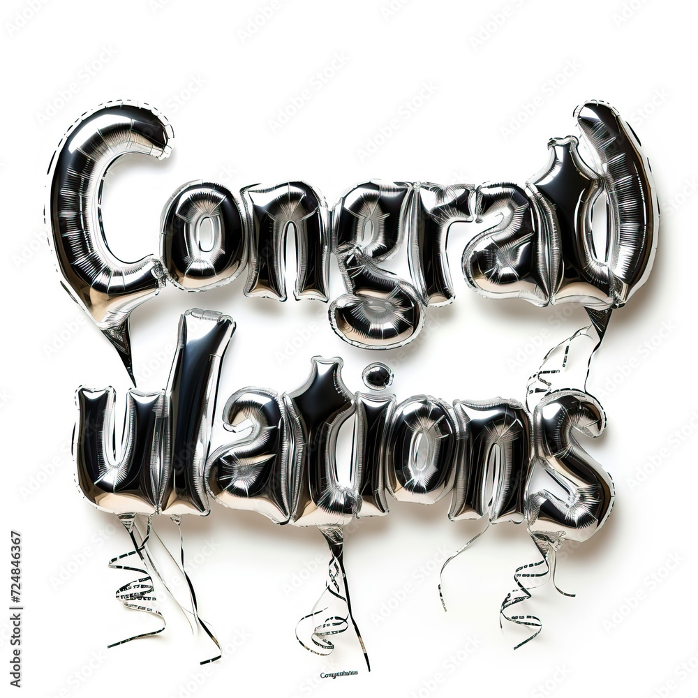 Studio photography, silver congratulations balloon with tinsel string ...