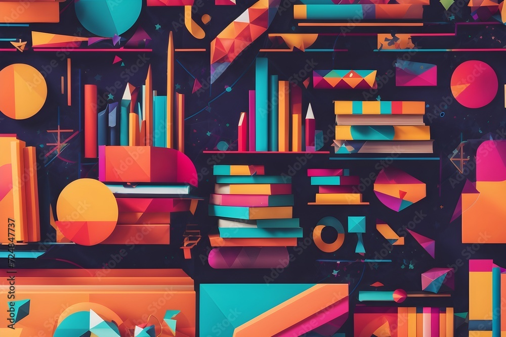 "Back-to-school dynamism: Colorful geometric shapes and subject symbols ...