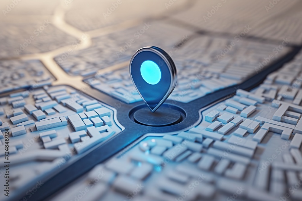 A dark blue location indicator on city map in 3D rendering. City map ...
