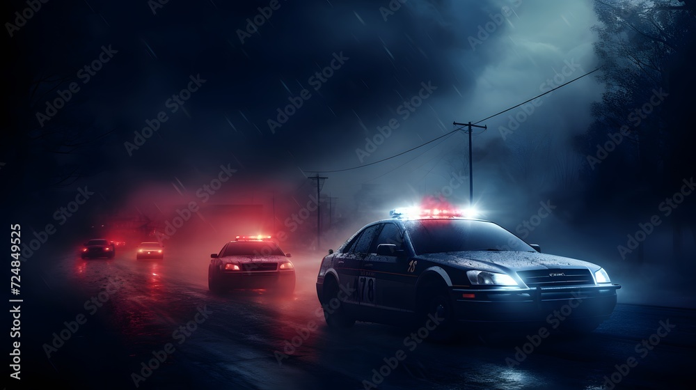 Police cars driving at night chasing a car in fog 911 police car ...