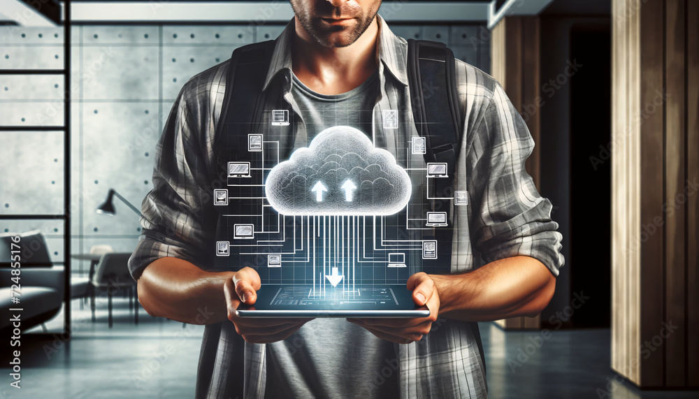 Cloud System, storage a programmer holding a computer tablet with a cloud computing drawing icon ...