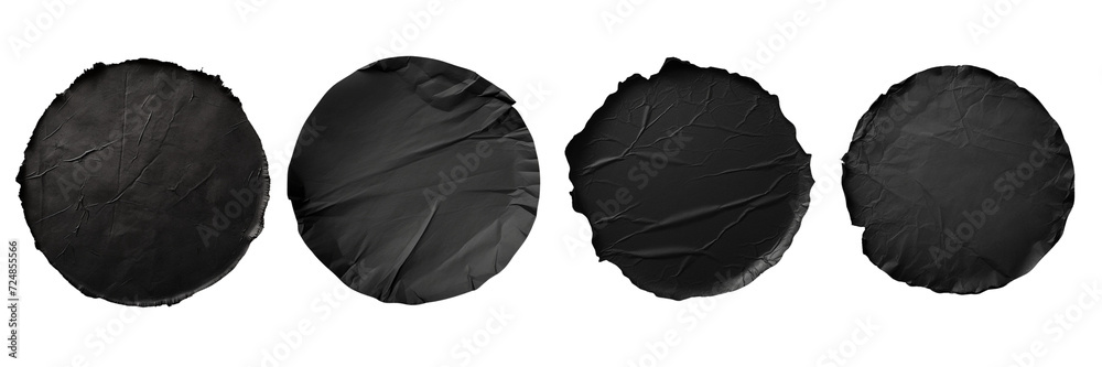 Set of A flat mockup of a blank black circular sticker with wrinkles ...