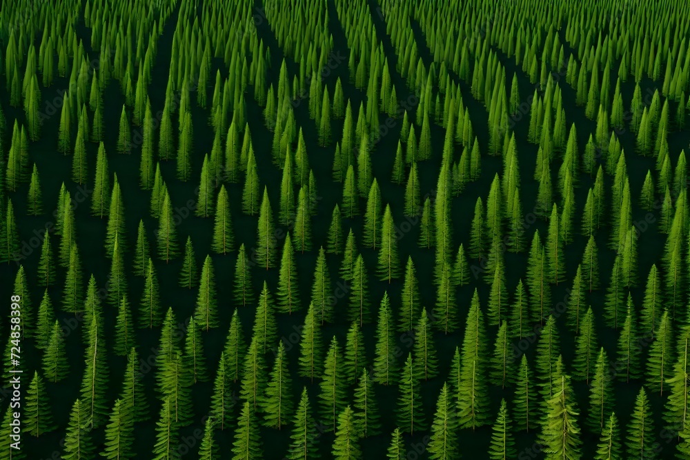 A pattern of tall pine trees standing in precise rows, producing an ...
