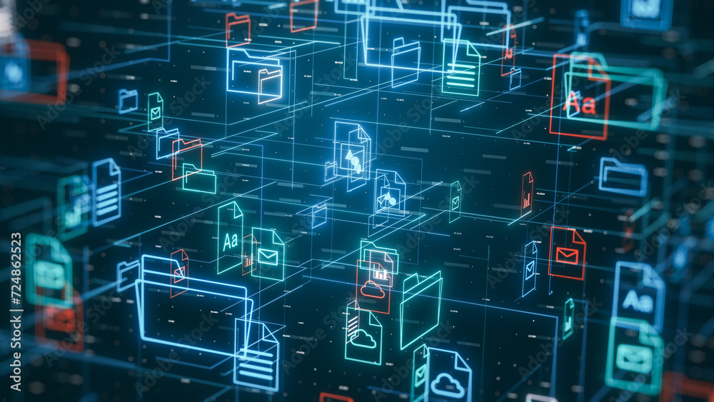 abstract complex grid with file and folder icons, futuristic document ...