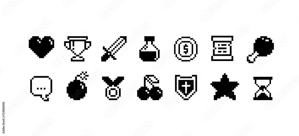 Vector 8-Bit Pixel Art app icons set. Simple icons in retro vodeo game ...